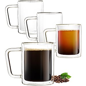 Eparé 16 oz Glass Coffee Mugs - Set of 4 - Clear Double Wall Glasses - Insulated Glassware With Handle - Large Espresso Latte Cappuccino or Tea Cup