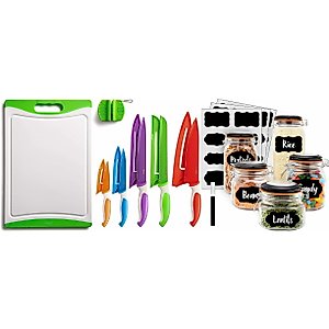 EatNeat 12 Pc Colorful Kitchen Knife Set 5 Piece Airtight Glass Kitchen Canisters with Black Lids - Includes Premium Black Labels and White Marker