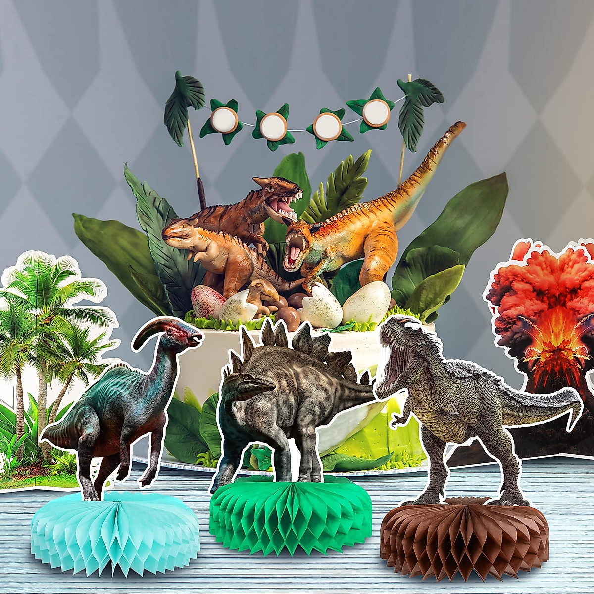 10 Pcs Dinosaur Centerpieces For Birthday Party 3D Dino Honeycomb Table Decorations Safari Jungle Animal Theme Baby Shower Table Paper Topper Stand Decor For Boys Girls Kids