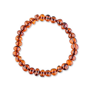 Genuine Amber Unisex Bracelet - Polished Baltic Sea Amber Jewelry - Baroque Shape Amber Beads Hand-Assembled in Europe - Cognac - 7 inch