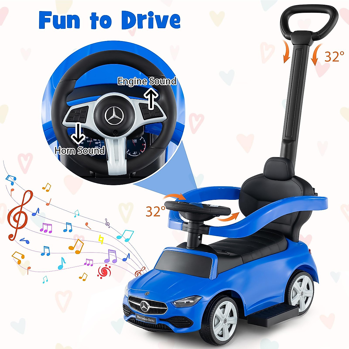 HONEY JOY Ride On Push Car, Licensed Mercedes-Benz Push Cars for Toddlers, Adjustable Canopy & Seat Storage, Horn, Toddler Push Car with Handle, Ride On Toy for Boys Girls(Blue)