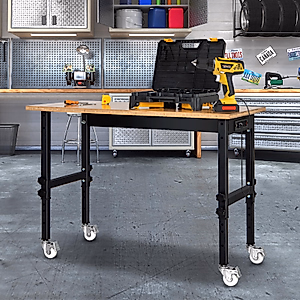 Goplus Work Bench, 48” Mobile Work Table with Power Outlet, Removable Wheels & Foot Pads, Bamboo Wood Top,1984LBS Capacity,Heavy Duty Tool Bench, Adjustable Rolling Workbench for Garage Home Workshop