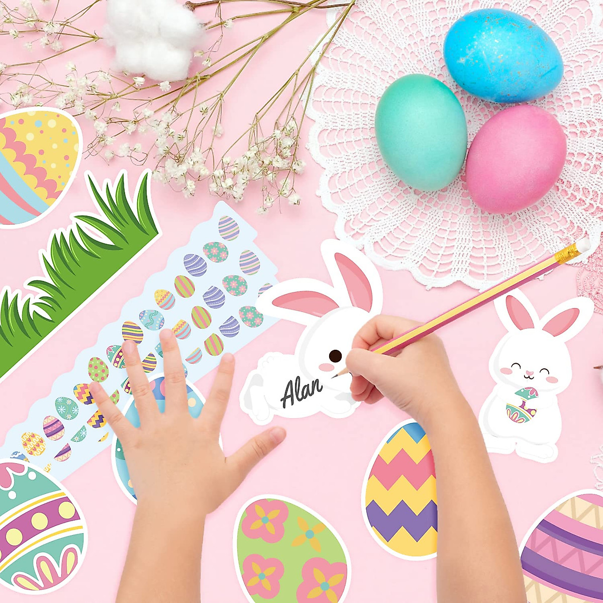 AsodSway Easter Bunny Egg Cutouts - 139Pcs Easter Bunny Spring Egg Bulletin Board Cutouts Set Contain Egg Bunny Grass Border with We are Egg Cited about Spring Character Happy Easter Spring Season