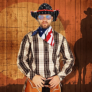 Jeere 3 Pcs American Flag Cowboy Hat with Bandana and Glasses Vintage Outdoor USA Hats with Strap Western Party Memorial Day(USA Flag)