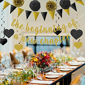 The Beginning of a New Chapter Banner Funny Going Away Party Graduation Happy Retirement Party Decorations Supplies Glitter Black Gold Goodbye Farewell Party Decoration for Coworker Friends Graduates