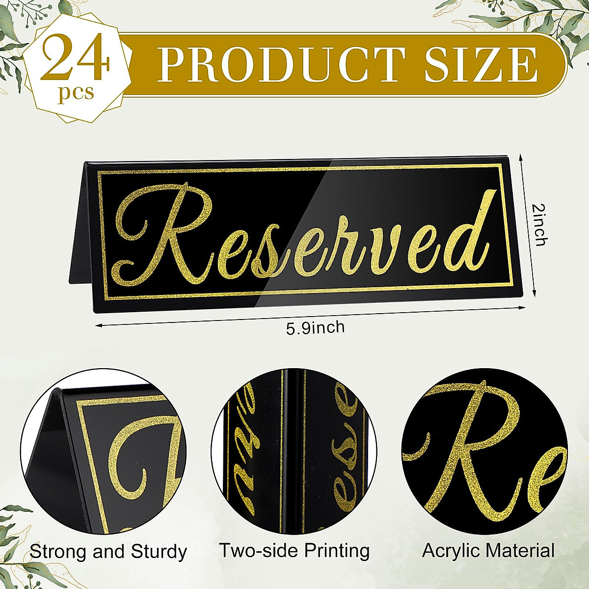 Yaocom 24 Pcs Reserved Table Signs Acrylic Guest Reservation Table Tents 5.9 x 2 Inch Reserved Seating Signs for Wedding Restaurant Office Meeting Chairs Birthday Party, Gold Words Black Background