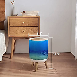 Trash Can with Lid Underwater with a Sandy Bottom and Sunbeams Press Cover Small Garbage Bin Round with Wooden Legs Waste Basket for Bathroom Kitchen Bedroom 7L/1.8 Gallon