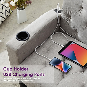 TYBOATLE Light Grey Linen Fabric Mid-Century Modern Sofa Set 3 Pieces, Tufted Linen Fabric USB Loveseat Couch with 2 Cupholders and 2 Accent Armchairs for Living Room, Bedroom, Apartment