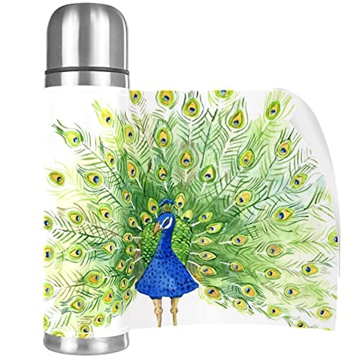 Watercolor Style Peacock Stainless Steel Water Bottle Leak-Proof, Double Walled Vacuum Insulated Flask Thermos Cup Travel Mug 17 OZ
