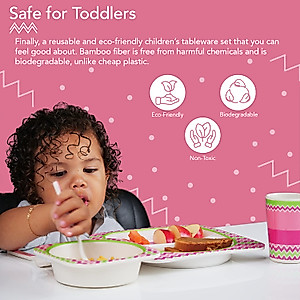 Thoneed Bamboo Kids Plate and Bowl Set | Matching Dishes for Toddlers Ages 1+ | 5 Piece Divided Dinnerware Set Includes Plate, Bowl, Cup & Utensils | Reusable, BPA Free & Dishwasher Safe (Cow)