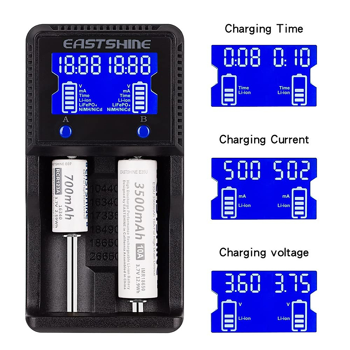 EASTSHINE Universal Smart Battery Charger 2 Slots for Rechargeable Batteries 1.2V Ni-MH Ni-Cd AA AAA C 3.2V LiFePO4 3.7V Li-ion IMR 18650 26650 21700 16340 14500 18500 10440 18350 RCR123A UL Listed