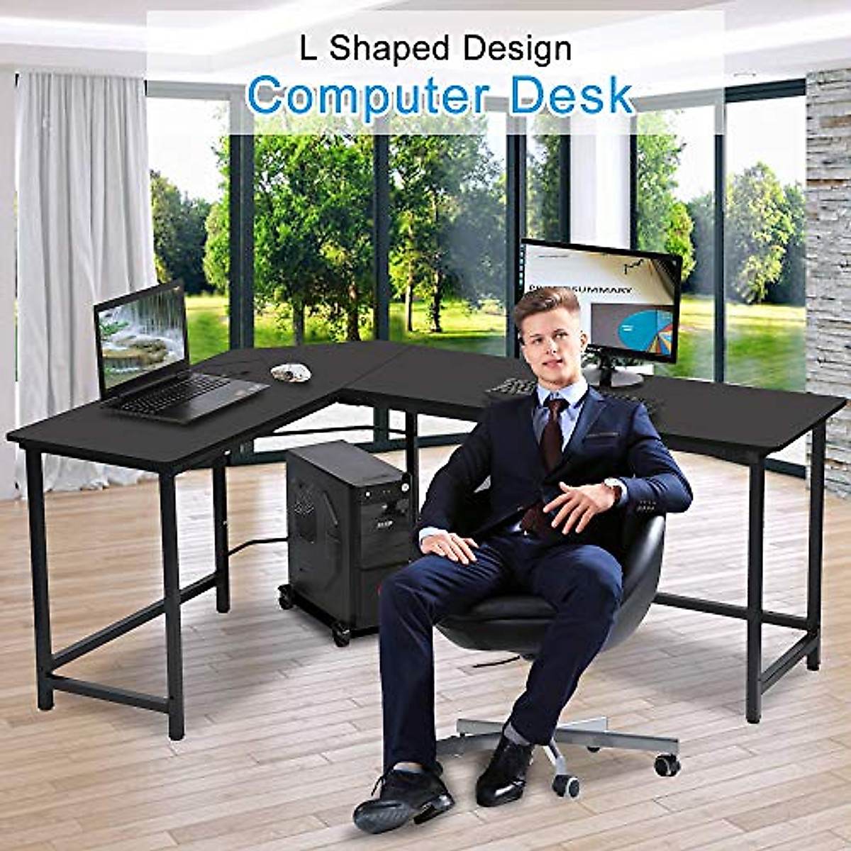 L Shaped Desk Home Office Desk Corner Computer Desk, Metal and Wood PC Laptop Table Gaming Desk with Solid Steel Frame & CPU Stand Shelf, Large 3-Piece Writing Study Workstation, Black