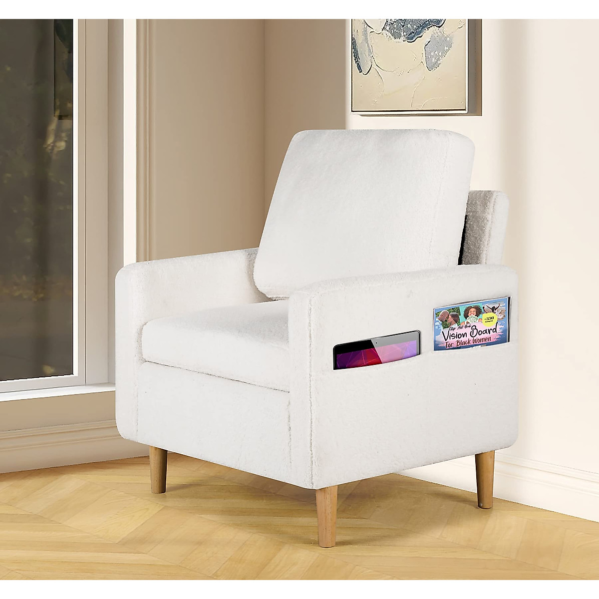 TYBOATLE Accent Chair, Mid-Century Modern Fabric Living Room Arm Chair, Furry Cozy Upholstered Armchair w/Side Pocket, Reading Lounging Side Chairs for Office, Apartment, Bedroom (Cream White)