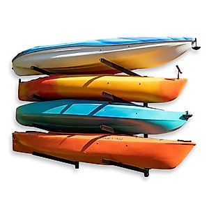 StoreYourBoard Outdoor 4 Kayak Storage Rack, Wall Mount, Holds 400 lbs, All Weather Heavy-Duty Metal Organizer, Adjustable Levels