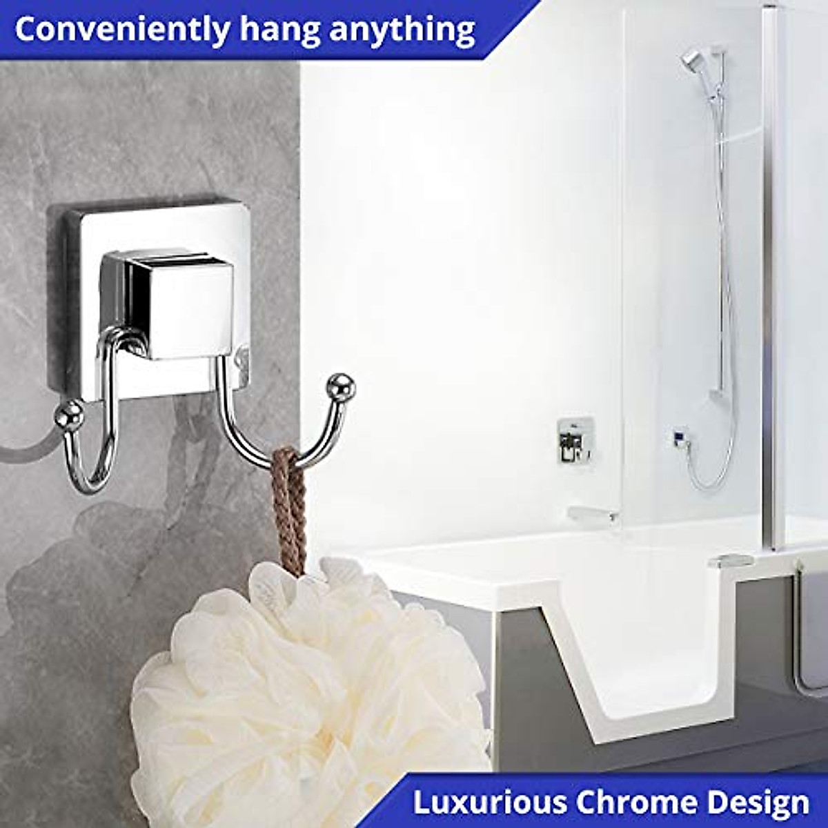 HOME SO Suction Cup Hooks for Shower, Bathroom, Kitchen, Glass Door, Mirror, Tile – Loofah, Towel, Bath Robe Removable Hook Holder – Prisma Collection, Stainless Steel Chrome (2-Pack)…