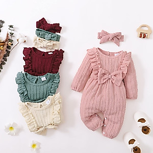 Happy Town Baby Girl Romper Infant Fall Winter Clothes Ruffle Sweater Long Sleeve Bodysuit Jumpsuit and Headband (Beige, 3-6 Months)