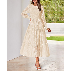 BTFBM Casual Women's 2025 Fall Dresses Elegant Wedding Guest Dress Long Sleeve Floral Midi Dress Flowy Bohemian Long Dress(Apricot,Small)