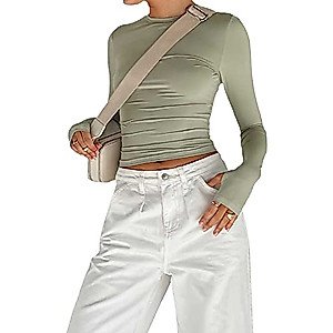 Women's Slim Fit Going Out Crop Tops Casual Solid Color Crew Neck Long Sleeve Tight Tee Shirt Basic Streetwear