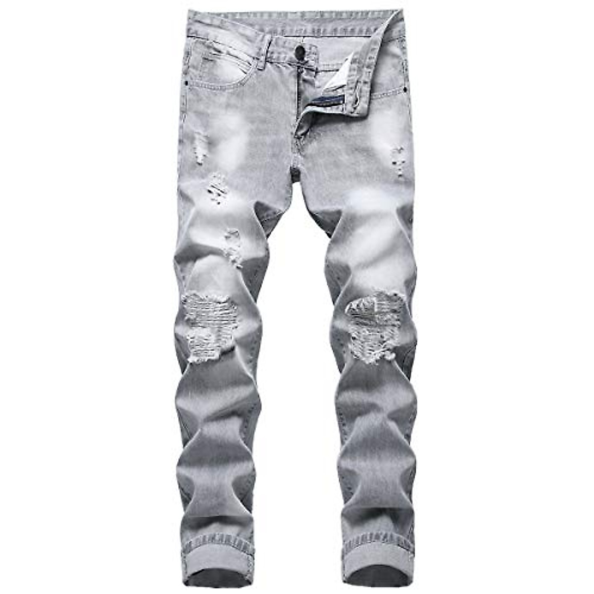 LZLER Mens Ripped Jeans,Distressed Destroyed Slim Fit Straight Leg Denim Pant with Holes(Light Grey 870,36)