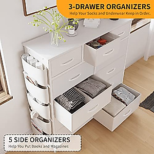 LIVEHOM 11 Dresser Drawer for Bedroom, Chest of Drawers with Side Pockets, Hooks, Fabric Storage Drawer, Steel Frame, Wood Top, Organizer Unit and Pull Handle for Closet, Nursery