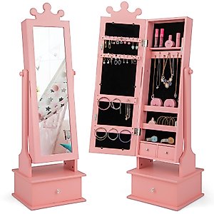 GOFLAME Kids Jewelry Armoire, Children’s Jewelry Cabinet with Full Length Mirror & Storage Drawers, Freestanding Jewelry Organizer for Girls, Birthday/Christmas Gift (Pink)