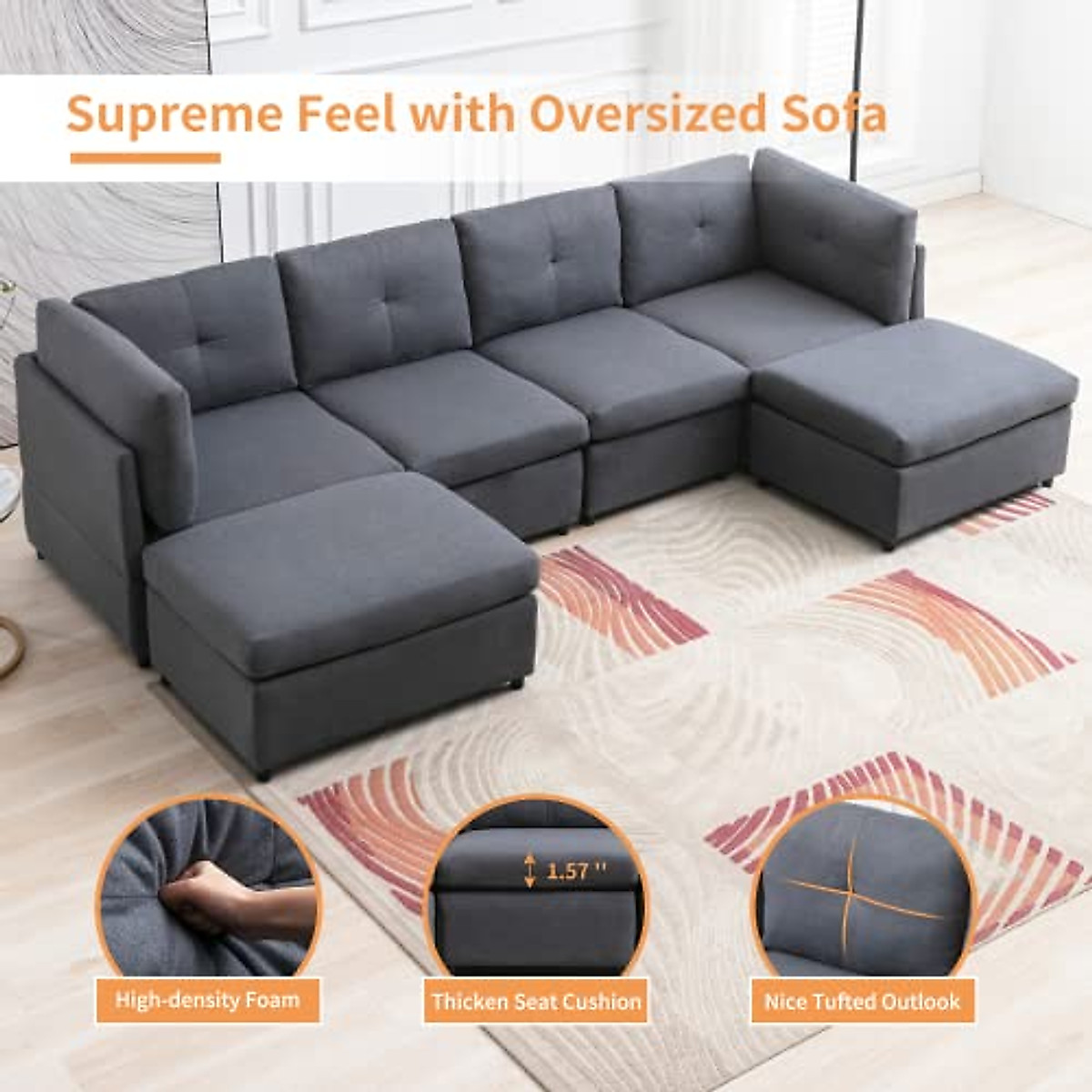 linor Modern U Shaped Convertible Sofa Couch, 118'' Modular Sectional Sofa with Tufted Back Cushion, 6 Seat Oversized Sectionals Sofa Couch with Ottomans for Living Room (Linen,Gray)