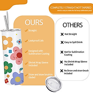 YOUKE OLA 16 Pack Sublimation Tumblers Flat Edge Blanks Skinny Straight Bulk 20 oz, Stainless Steel Double Wall Insulated Sublimation with Straw & Lids for Heat Transfer, White