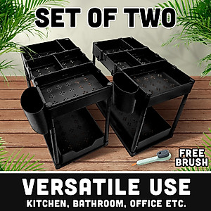 2 Pack Under Sink Organizers and Storage - 2 Tier Pull Out Under Sink Organizer with 2 Hanging Cups & 8 Adjustable Hooks | Multi Purpose Under Sink Storage Shelf Drawers for Bathroom & Kitchen (Black)