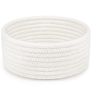 ABenkle Small Woven Basket, Empty Tiny Shallow Storage Basket, Mini Cotton Rope Baskets, Round Decorative Hamper, Montessori Basket Storage Bins for Toys, Spa, Socks, Nursery, Kids Room, White