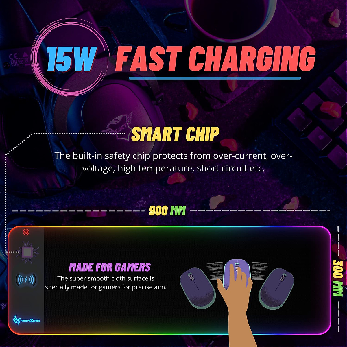 PhoeniXeries RGB Wireless Charging Mouse Pad 15W, XL 900x300x4MM Mouse Mat, RGB Mouse Pad with Wireless Charging, Keyboard Mat for Gaming