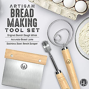 Bread Making Tools and Supplies - Set of 3 - Danish Dough Whisk, Bread Lame, Bench Scraper - Dough Hook with Bread Scraper, Lame Bread Tool, Blades - Great for Baking Sourdough, Pizza, Pastry by LHU