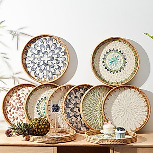 Round Rattan Tray with Mother of Pearl Inlay, Rattan Serving Tray with Wooden Base, Decorative Wicker Basket for Table Decor, Storage and Display of Coffee Bread Food Fruit (Leaf)