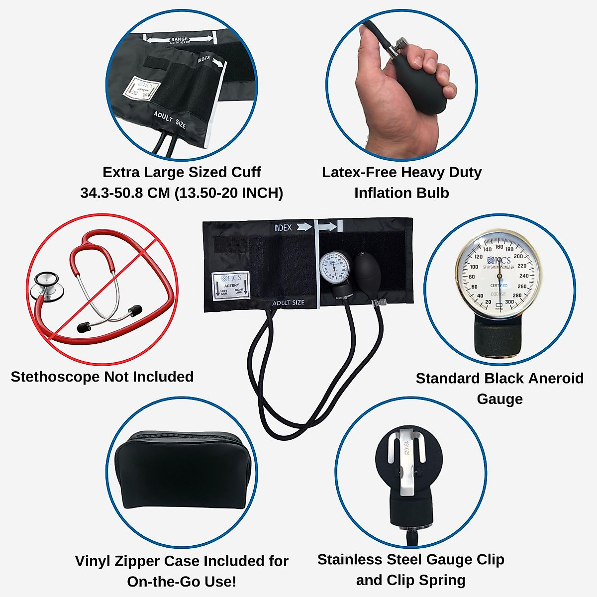 HCS Extra Large Blood Pressure Cuff Manual - Aneroid Sphygmomanometer, X Large Adult - Medical, Home, Elderly Care - BP Cuff Manual - XL Blood Pressure Cuff Arm Monitor w/Carrying Case