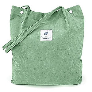 Corduroy Tote Bags for Women Girls, Large Capacity Reusable Grocery Shoulder Bag with Inner Pockets (Bean)…, Green