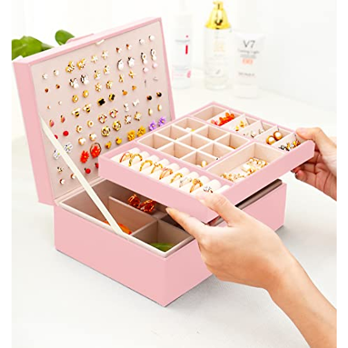 Girls Jewelry Box for Earring Jewelry Organizer Box Womens Earring Box for Girls Earring Holder Organizer Stud Earring Jewelry Box for Necklace Ring Earring Organizer for Girls Earring Storage Pink