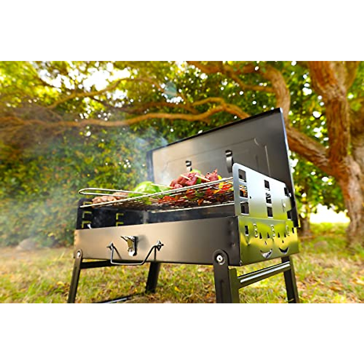 Devonics Compact Charcoal Grill Set - Foldable Barbecue for Beach, Camping | Stainless Steel Notebook Charcoal Grill with Handle, Utensils, Baking Net & Foldable Strut | Small Travel BBQ Grill