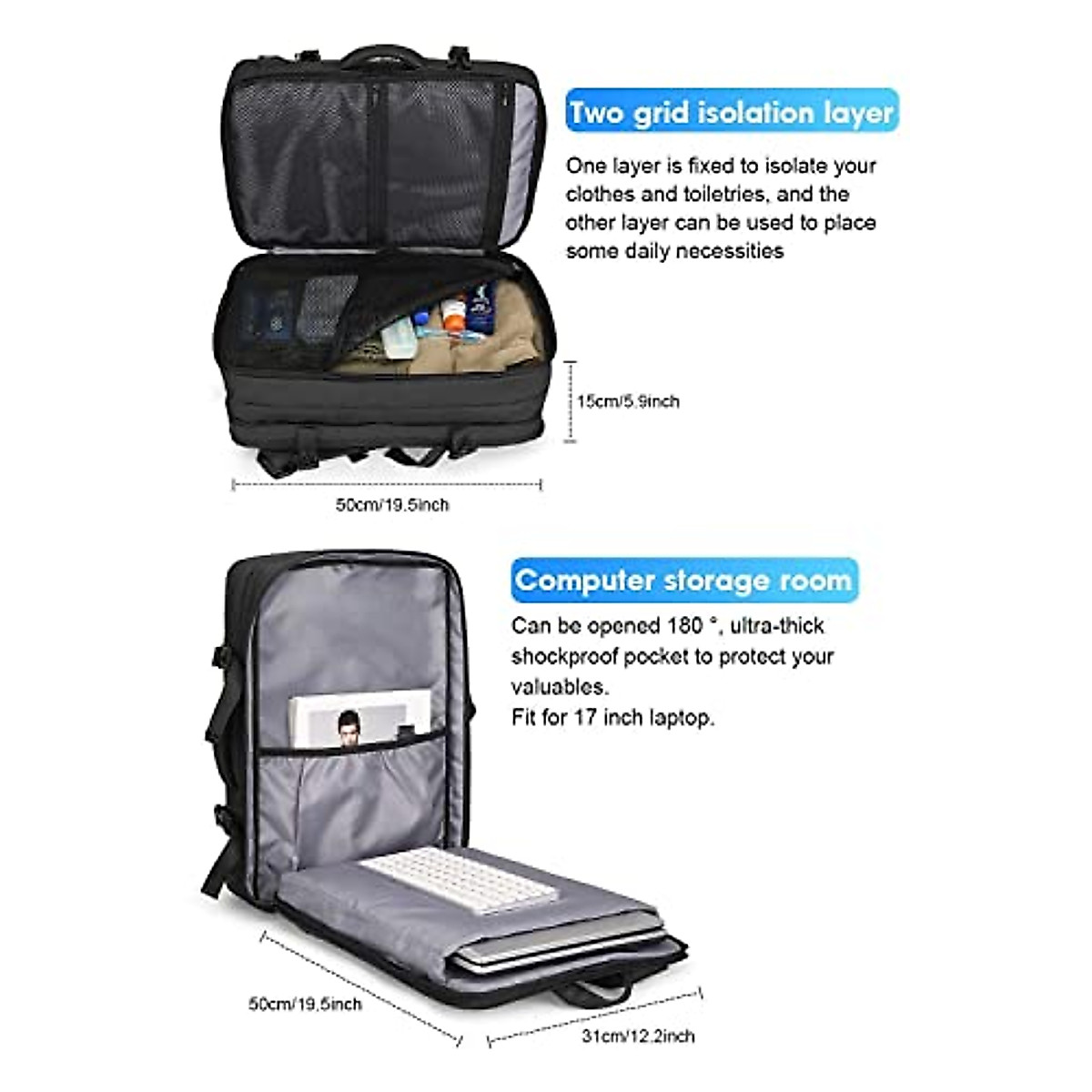 MARK RYDEN 23/40L Carry on Travel Backpack Fits 17.3'' Laptop&Slim Crossbody Bag Fits 7.9'' iPad