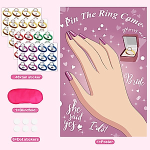 Pin The Ring on The Bride Game Bridal Shower Games, Large Bridal Games Poster with 48 Stickers for Wedding Shower Bachelorette Party Games Girls Night Engagement Bachelorette Party Decorations