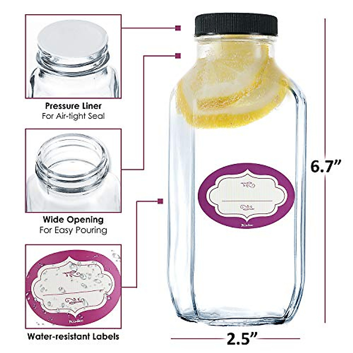 DilaBee Glass Juice Bottles with Lids [12 Pack] Bulk Glass Water Bottles with Caps for Juicing, Smoothie, Milk, and Kombucha - Homemade Drinking Glass Bottles for juicing - 16 Oz