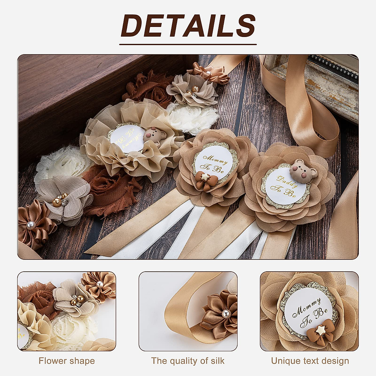 QuaComent Mommy to Be Sash, Maternity Sash Baby Shower Decorations 3PCS Teddy Baby Shower Decorations for Girl - Mom to be sash Shower for Boy, Baby Shower Decorations Favors Brown Photo Props Gift