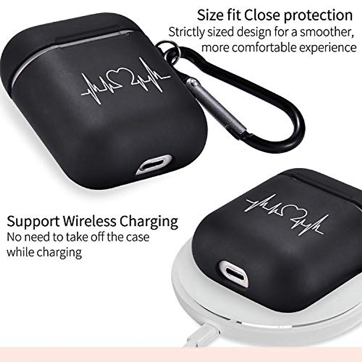 JOYLAND Black Case Cover for AirPod 1&2 w/Keychain Ring+Storage Bag, Love Heartbeat Line Case Wireless Earphone Case Smooth Anti-dust Silicone Protective Soft Skin Cute Case for AirPods 1 & 2