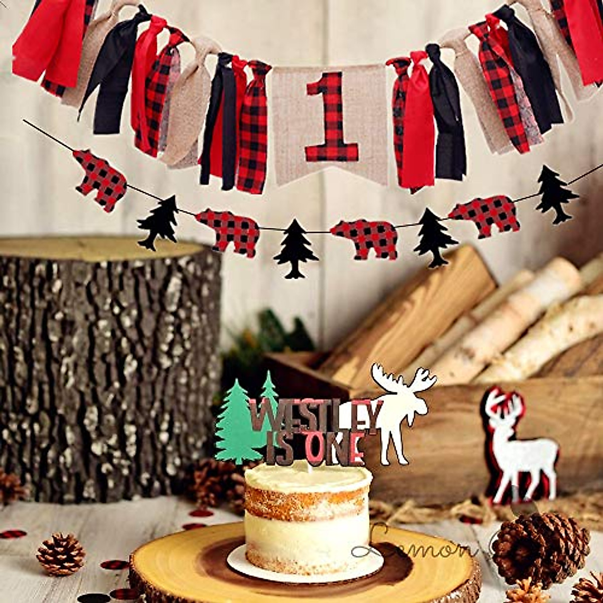 JeVenis Set of 2 Lumberjack Theme Banner Garland Party Supplies Lumberjack Highchair Banner Timber Buffalo Plaid Baby Boy First Birthday Party Photo Backdrop for Kid Birthday Baby Shower Party
