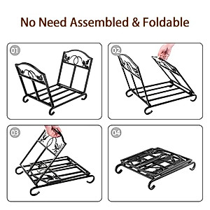 AMAGABELI GARDEN & HOME Firewood Rack Indoor Outdoor Heavy Duty Foldable Firewood Holder Wrought Iron Fireplace Log Holders with Leaves Design and Raised Arched Feet Wood Rack for Firewood Black
