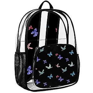 cfpolar Butterfly and Birds Clear Backpack Heavy Duty Transparent Bookbag for Women Men See Through PVC Backpack for Security, Work, Sports, Stadium