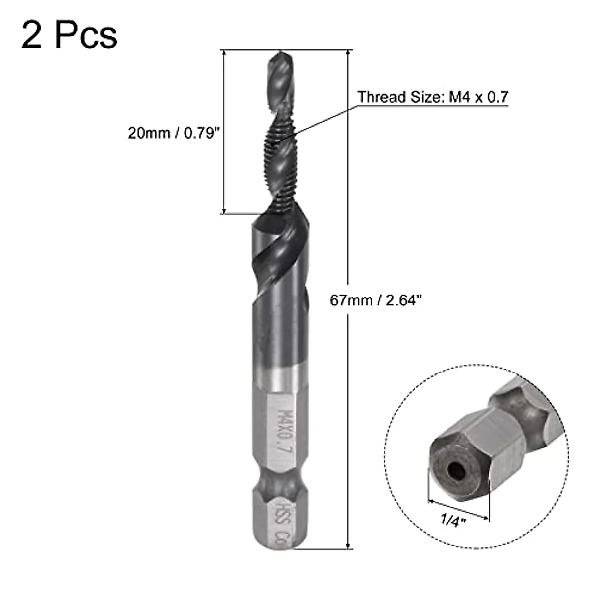 uxcell Combination Drill and Tap Bit, 1/4" Hex Shank M4 x 0.7 Metric TiAlN Coated M35 Cobalt High Speed Steel Spiral Flute Drilling Tapping Tool 2pcs