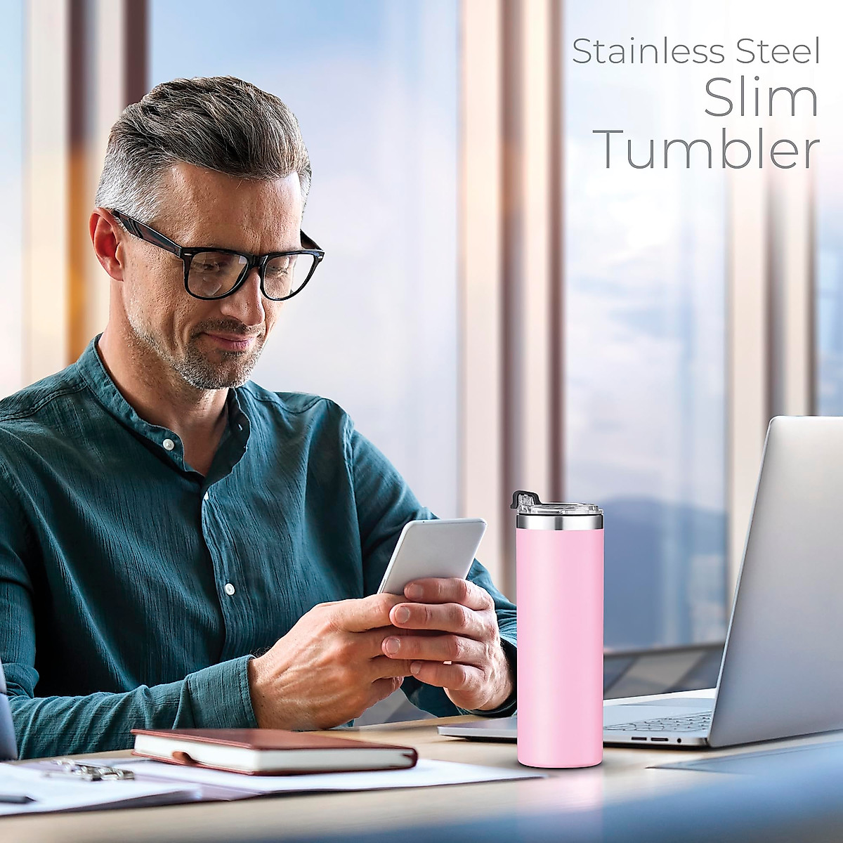 SIPX™ Triple-Insulated Tumblers - 18 Oz. Slim Modern Tumbler With Lid, insulated Cup Keeps Hot For 12 Hours, Stainless Steel Tumbler Made Of Sustainable Material, Coffee Travel Mug (Pink)