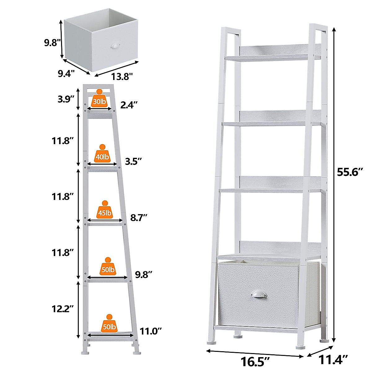 Furologee 5-Tier White Ladder Shelf, Ladder Bookshelf with Removable Drawer, Mordern Bookcase Storage Rack Organizer, Wood Metal Freestanding Storage Shelves for Living Room, Home Office, Bedroom