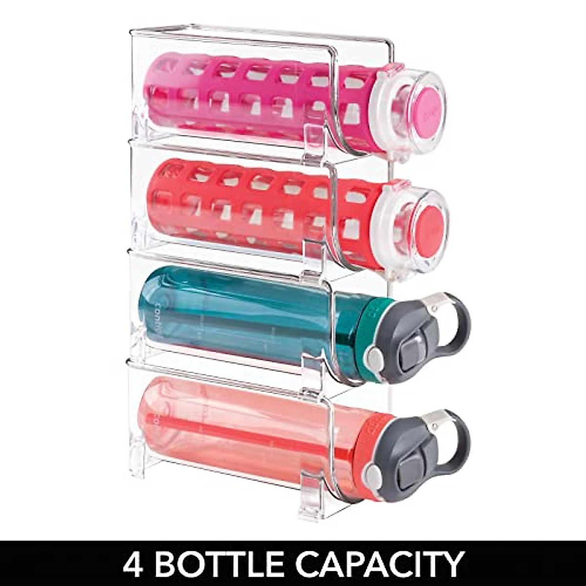 mDesign Plastic Free-Standing Water Bottle Holder Storage Organizer, Wine Rack for Kitchen Countertops, Table Top, Pantry, Fridge - Stackable, Each Rack Holds 1 Bottle, 4 Pack - Clear