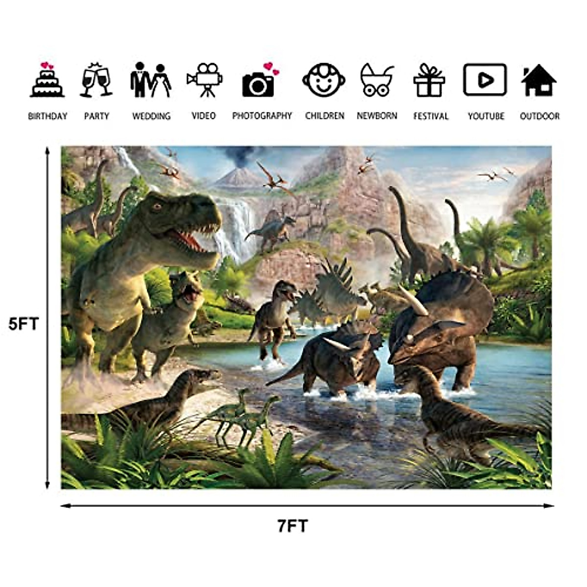 PASRLOLV 7x5ft Dinosaur Photo Backdrop, Dinosaur Park Theme Backdrop, Dinosaur Photography Background for Boy Girl Birthday Party Banner Newborn Baby Shower Decoration Photo Booth Prop, Vinyl