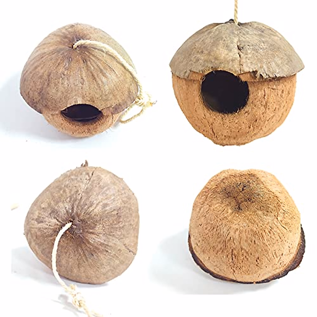 PINVNBY Natural Coconut Bird Hide Nest Hut House Coconut Shell Breeding Bird Nest Coconut Fiber Hanging Birdhouse Cage Habitats Decor for Pet Parrot Budgies Parakeet Lovebird Finch Canary(2 Packs)